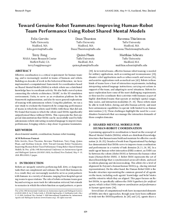 (PDF) Toward Genuine Robot Teammates: Improving Human-Robot Team ...