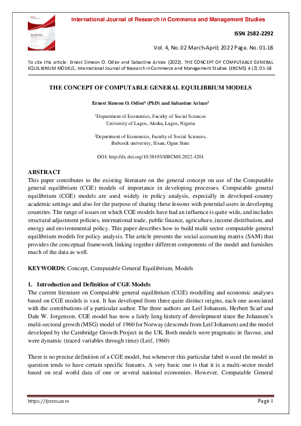 Pdf The Concept Of Computable General Equilibrium Models