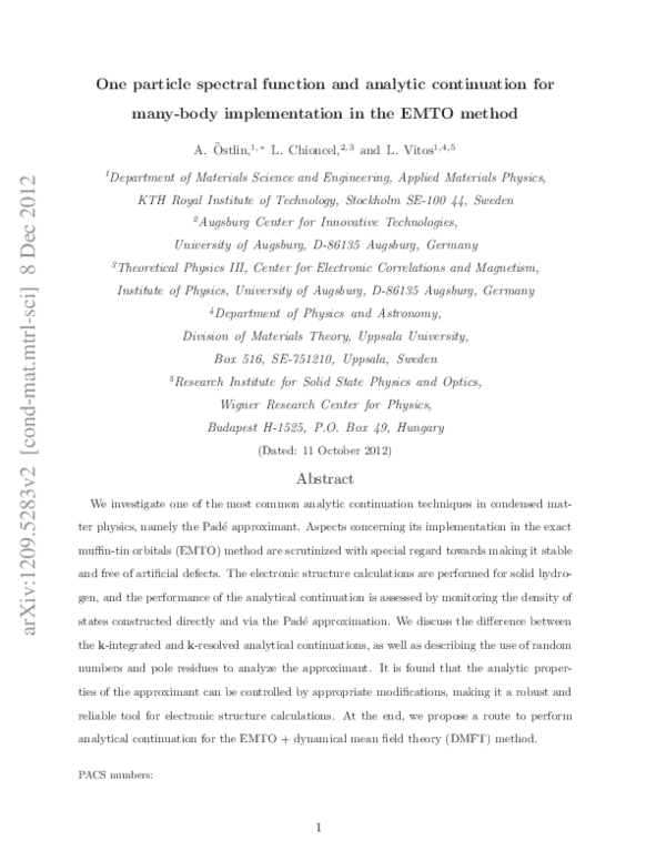 (PDF) One-particle spectral function and analytic continuation for many-body implementation in ...