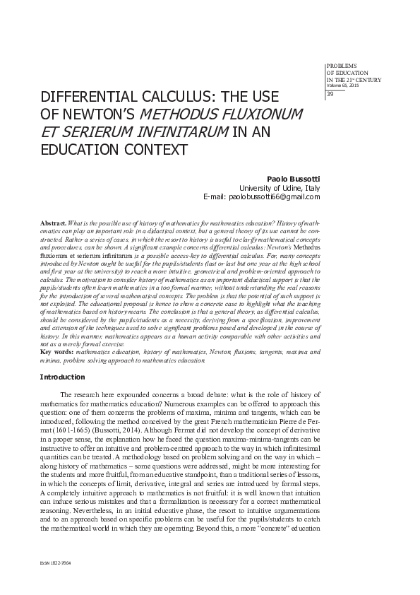 (PDF) Differential Calculus: The Use of Newton's Methodus Fluxionum et Serierum Infinitarum in ...
