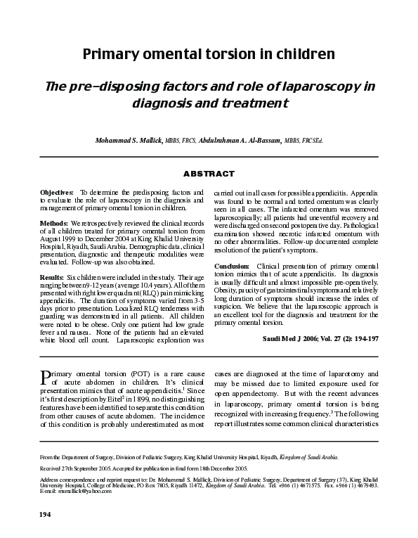 (PDF) Primary omental torsion in children. The pre-disposing factors ...