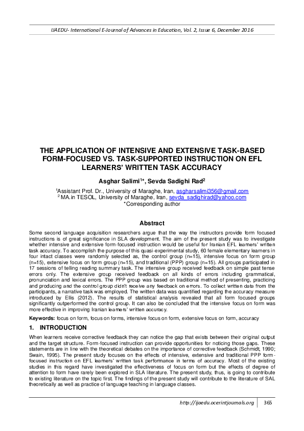 (PDF) The Application of Intensive and Extensive Task-Based Form-Focused vs. Task-Supported ...