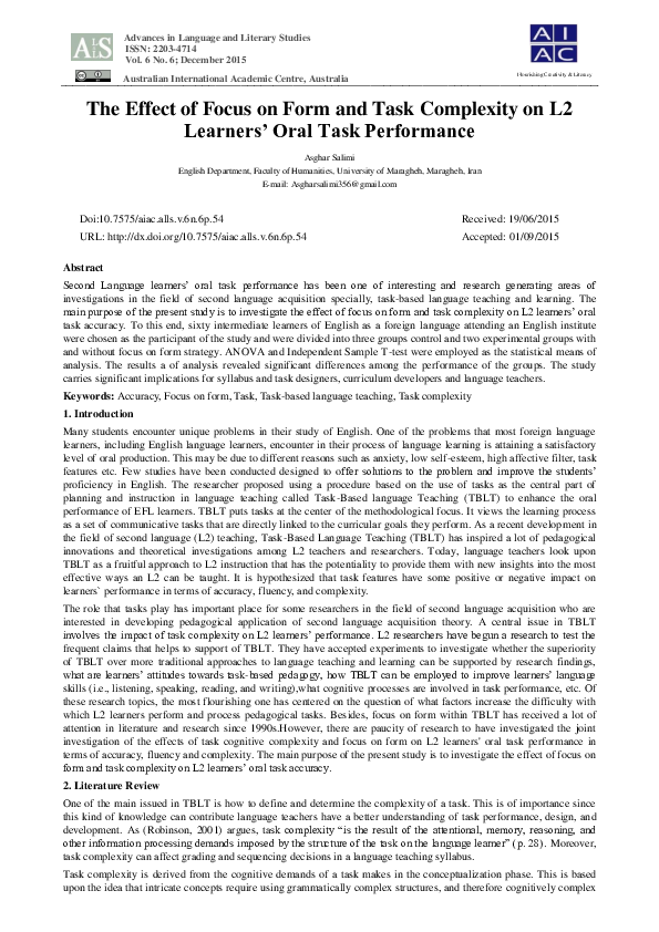 Pdf The Effect Of Focus On Form And Task Complexity On L2 Learners Oral Task Performance 