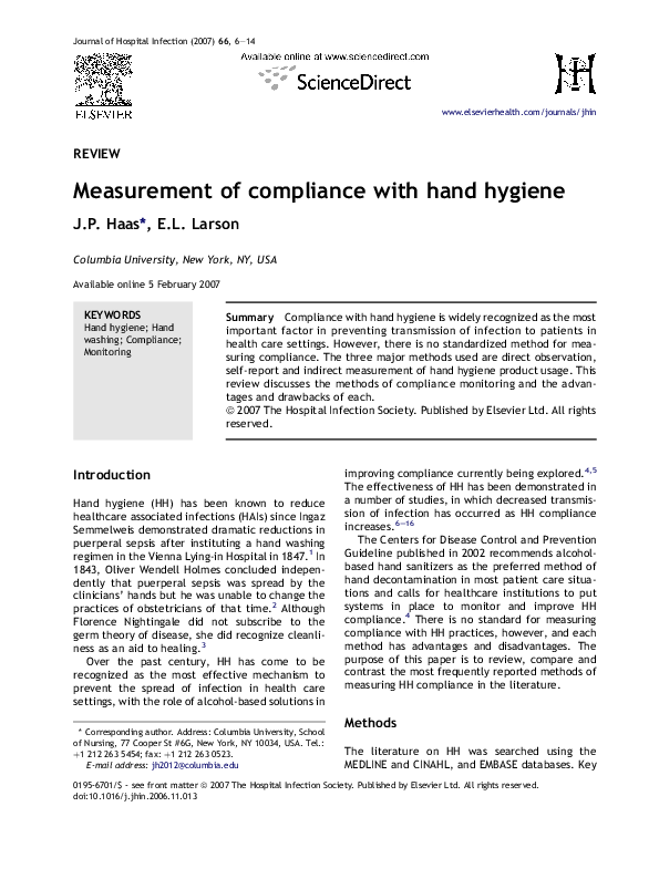 (PDF) Measurement of compliance with hand hygiene