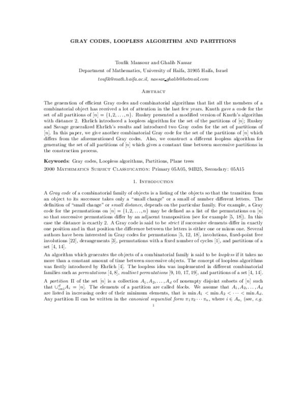 (PDF) Gray Codes, Loopless Algorithm and Partitions (PDF) Gray Codes, Loopless Algorithm and Partitions