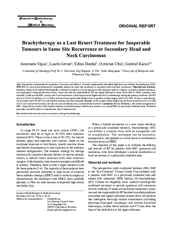 Brachytherapy as a Last Resort Treatment for Inoperable Tumours in Same ...
