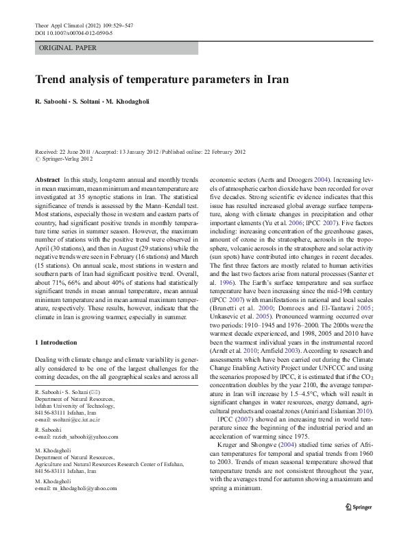 Pdf Trend Analysis Of Temperature Parameters In Iran Saeid Soltani