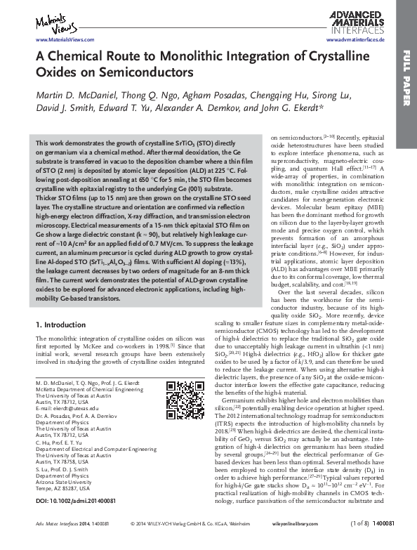 (PDF) A Chemical Route to Monolithic Integration of Crystalline Oxides ...