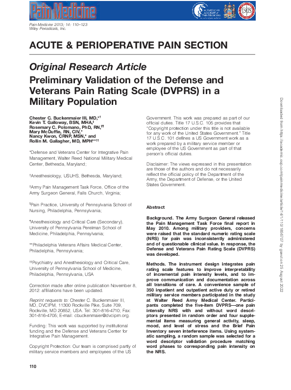 (PDF) Preliminary Validation of the Defense and Veterans Pain Rating ...