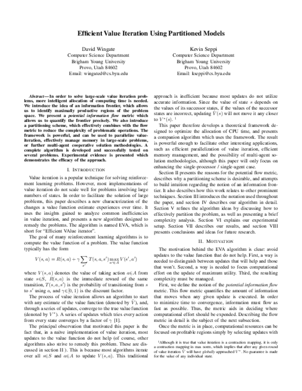 Pdf Efficient Value Iteration Using Partitioned Models