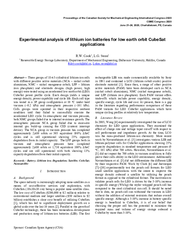 (PDF) Experimental Analysis of Lithium Ion Batteries for Low Earth Orbit CubeSat Applications