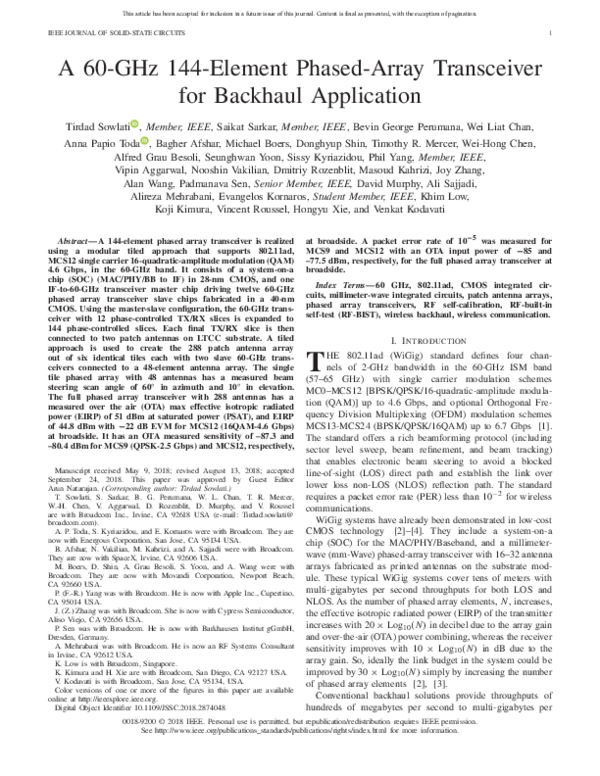 (PDF) A 60-GHz 144-Element Phased-Array Transceiver for Backhaul Application