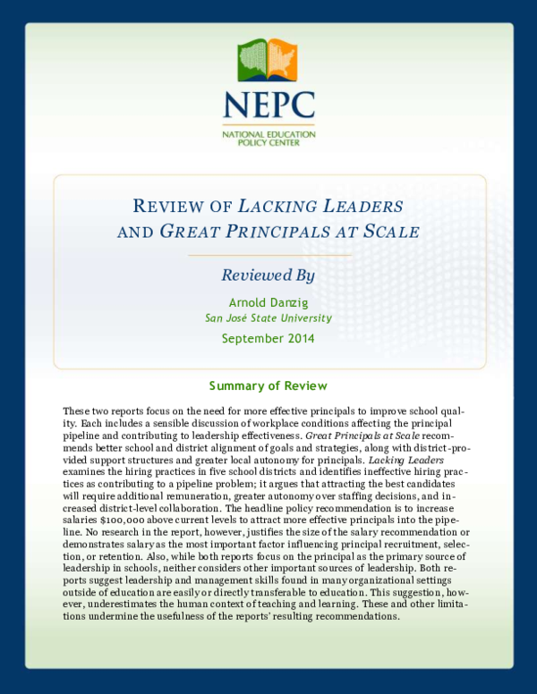 (PDF) Review of Lacking Leaders and Great Principals at Scale