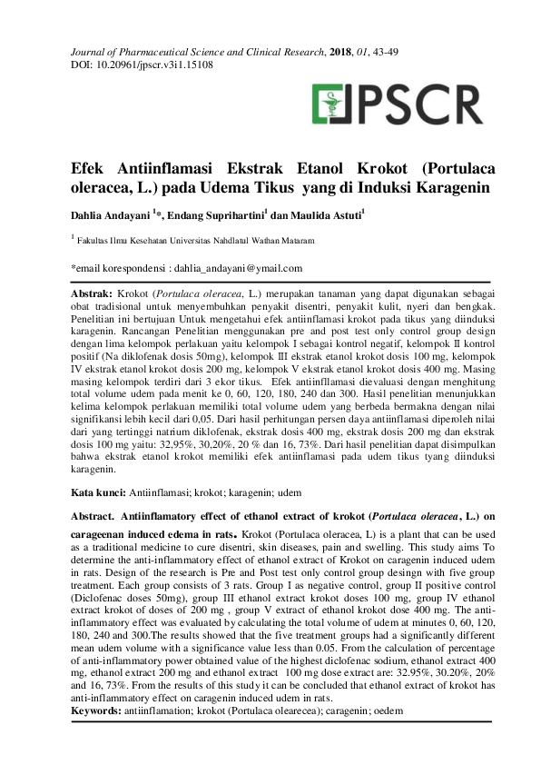 (PDF) Efek Antiinflamasi Ekstrak Etanol Krokot (Portulaca oleracea, L.) pada Udema Tikus yang di ...