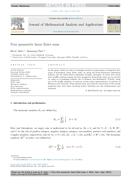(PDF) Four parametric linear Euler sums