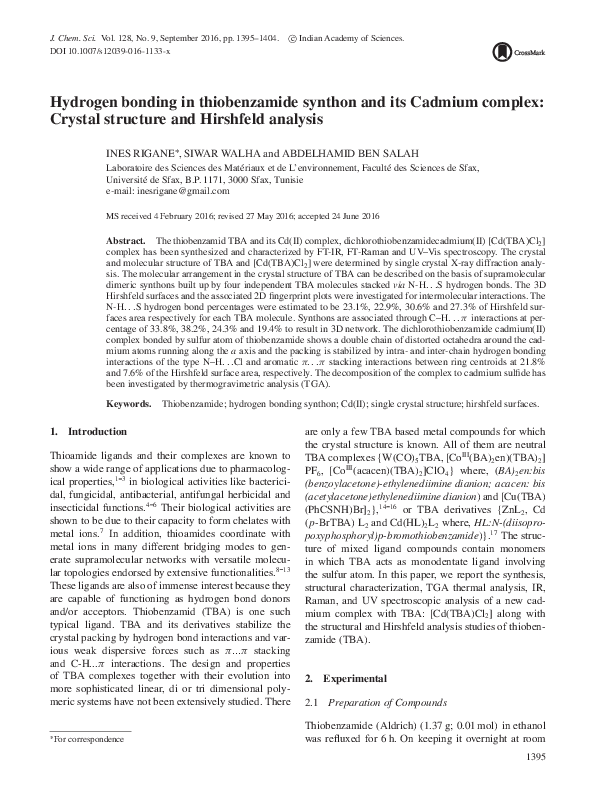 (PDF) Hydrogen bonding in thiobenzamide synthon and its Cadmium complex ...