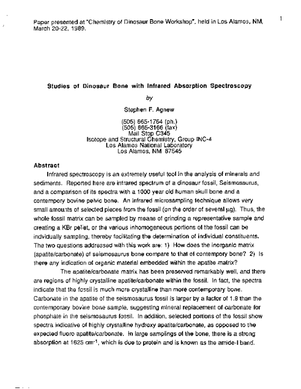 (PDF) Studies of Dinosaur Bone with Infrared Absorption Spectroscopy