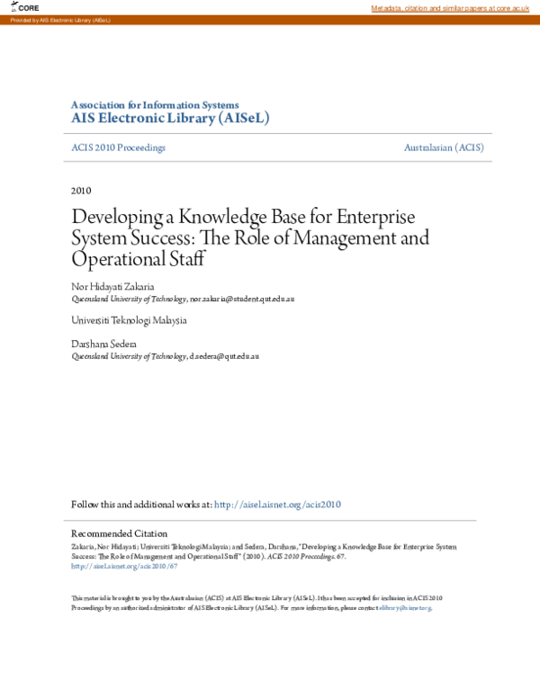 (PDF) Developing a knowledge base for enterprise system success: the role of management and ...