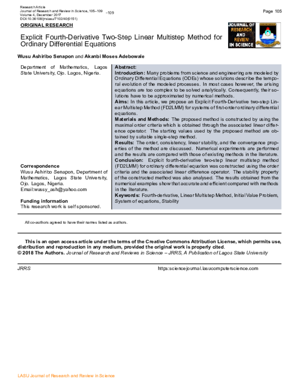 Pdf Explicit Fourth Derivative Two Step Linear Multistep Method For