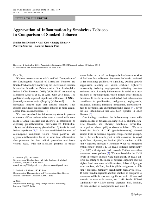 (PDF) Aggravation of inflammation by smokeless tobacco in comparison of smoked tobacco ...