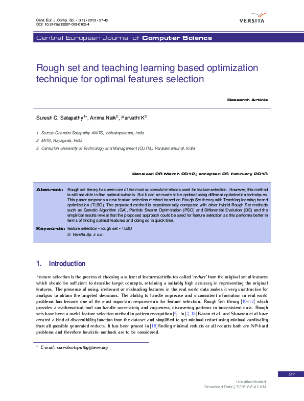 (PDF) Rough set and teaching learning based optimization technique for optimal features selection