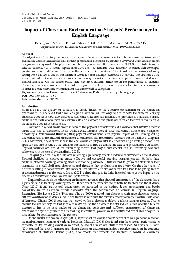 (PDF) Impact of Classroom Environment on Students` Performance in English Language