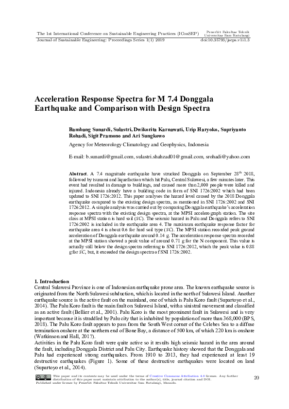 (PDF) Acceleration Response Spectra for M 7.4 Donggala Earthquake and ...