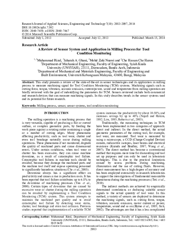 (PDF) A Review of Sensor System and Application in Milling Process for Tool Condition Monitoring ...