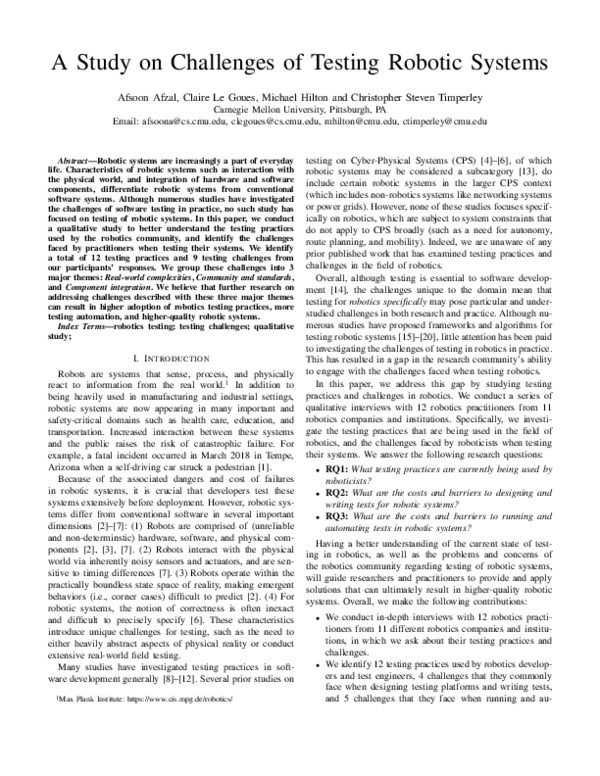 (PDF) A Study on Challenges of Testing Robotic Systems