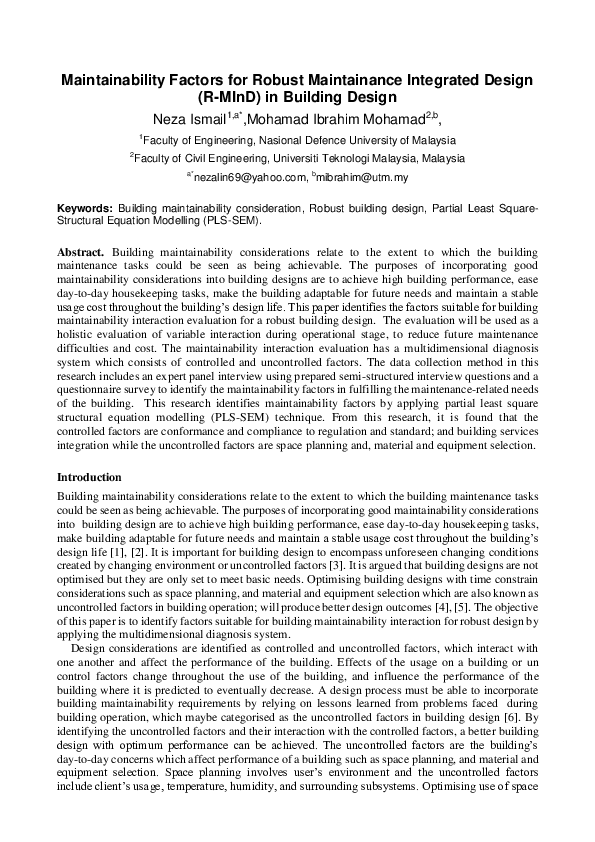 (PDF) Maintainability factors for robust maintainance integrated design (R-MInD) in building design