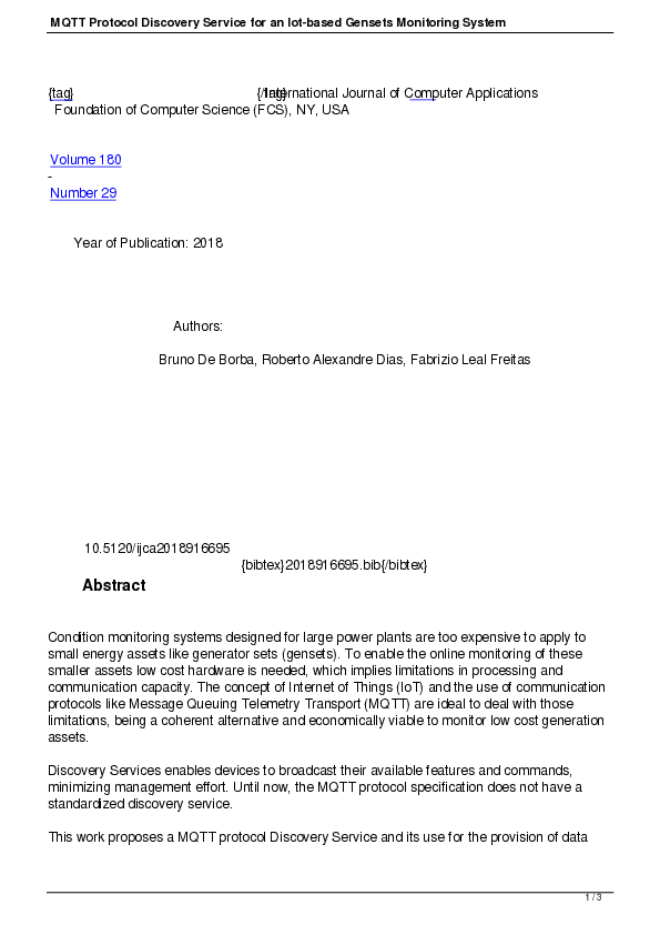 Pdf Mqtt Protocol Discovery Service For An Iot Based Gensets Monitoring System Roberto