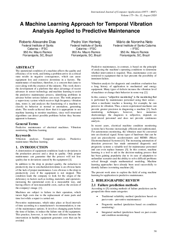 (PDF) A Machine Learning Approach for Temporal Vibration Analysis Applied to Predictive Maintenance