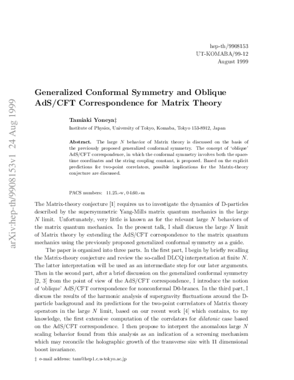 (PDF) Generalized conformal symmetry and oblique AdS-CFT correspondence for matrix theory