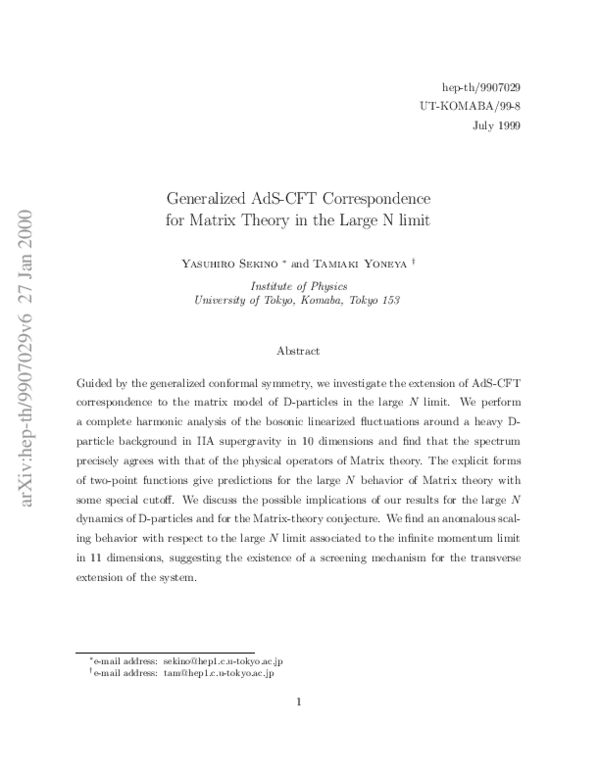 (PDF) Generalized AdS–CFT correspondence for Matrix theory in the large-N limit