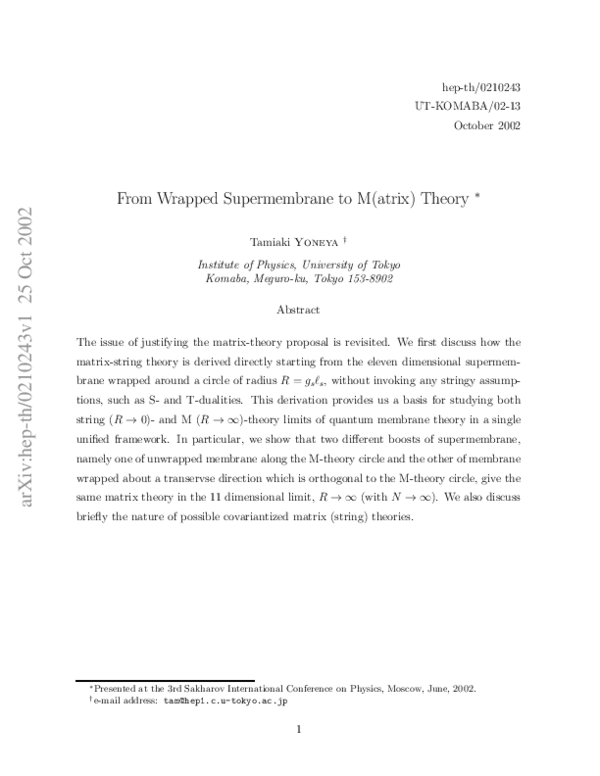 (PDF) From Wrapped Supermembrane to M(atrix) Theory