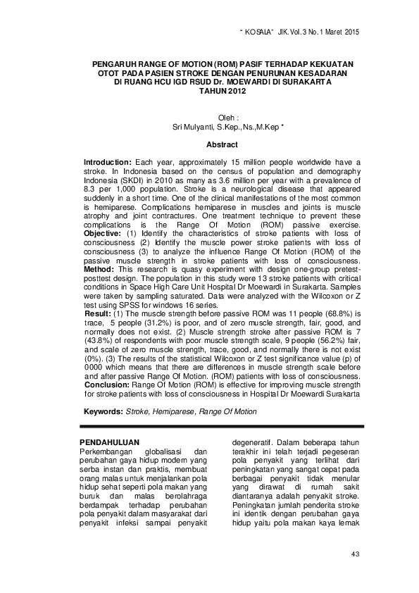 (PDF) ENGARUH RANGE OF MOTION (ROM) PASIF TERHADAP KEKUATAN OTOT PADA PASIEN STROKE DENGAN ...