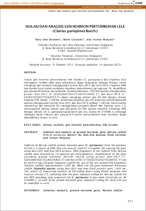 (PDF) ISOLASI DAN ANALISIS GEN HORMON PERTUMBUHAN LELE (Clarias ...