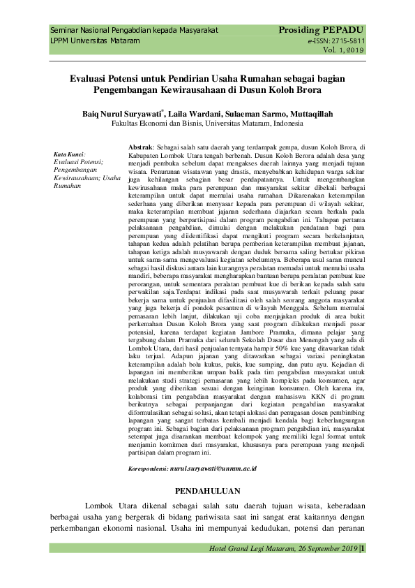 (PDF) Evaluasi Potensi untuk Pendirian Usaha Rumahan sebagai bagian Pengembangan Kewirausahaan ...
