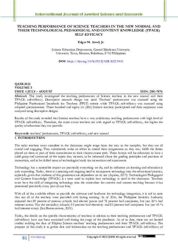 (PDF) Teaching Performance of Science Teachers in the New Normal and Their Technological ...