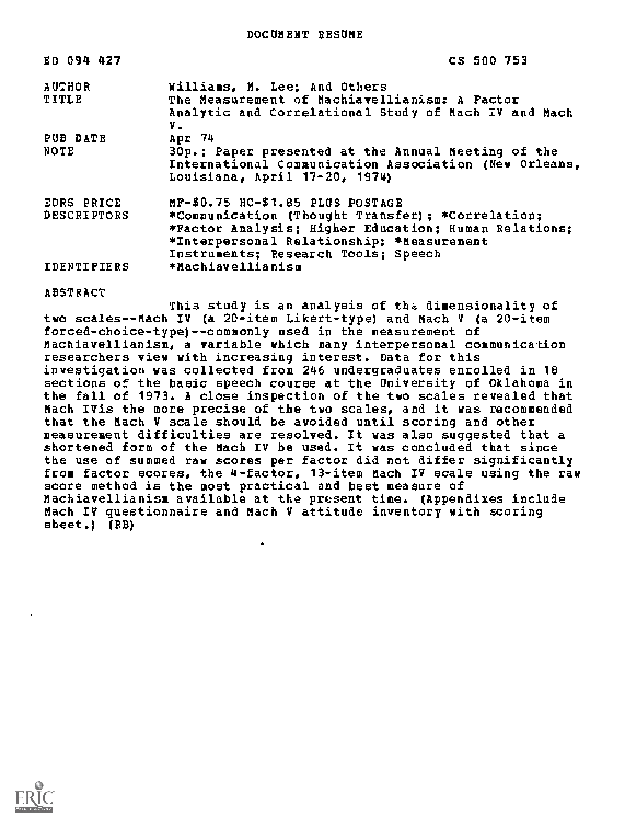 (PDF) The measurement of Machiavellianism: A factor analytic and ...
