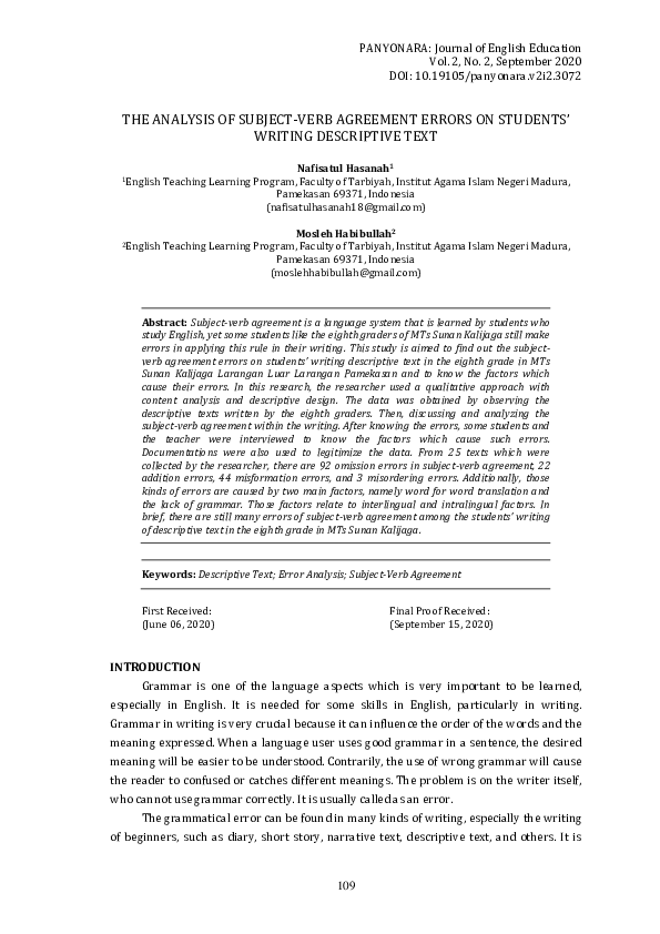 (PDF) The Analysis of Subject-Verb Agreement Errors on Students’ Writing Descriptive Text