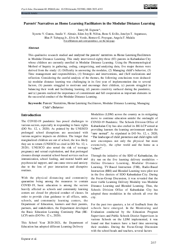 (PDF) Parents' Narratives as Home Learning Facilitators in the Modular ...