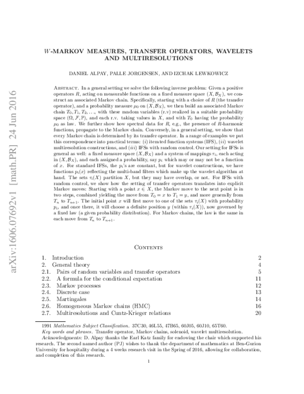 Pdf 𝑊 Markov Measures Transfer Operators Wavelets And Multiresolutions