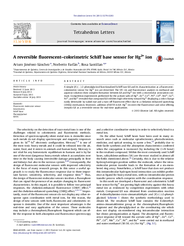 Pdf A Reversible Fluorescent Colorimetric Schiff Base Sensor For Hg2 Ion