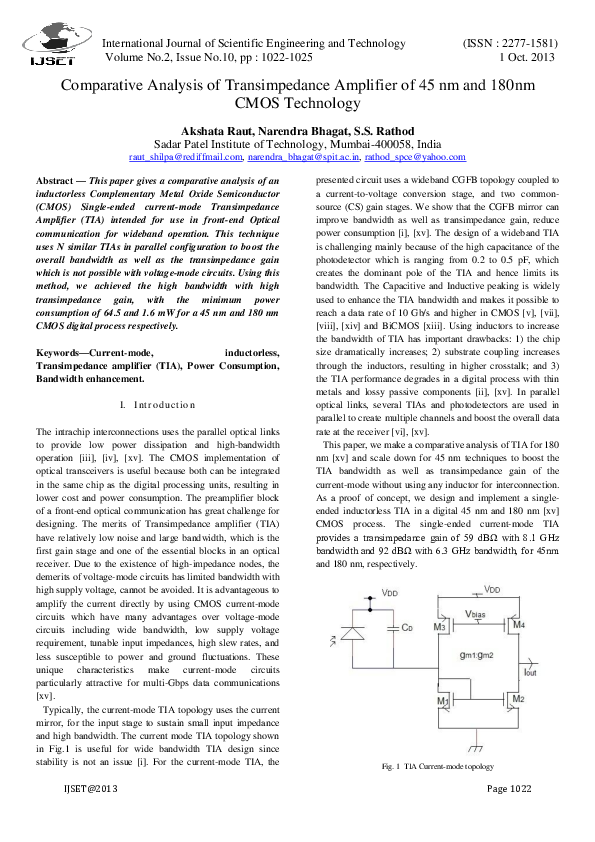 (PDF) Comparative Analysis of Transimpedance Amplifier of 45 nm and ...