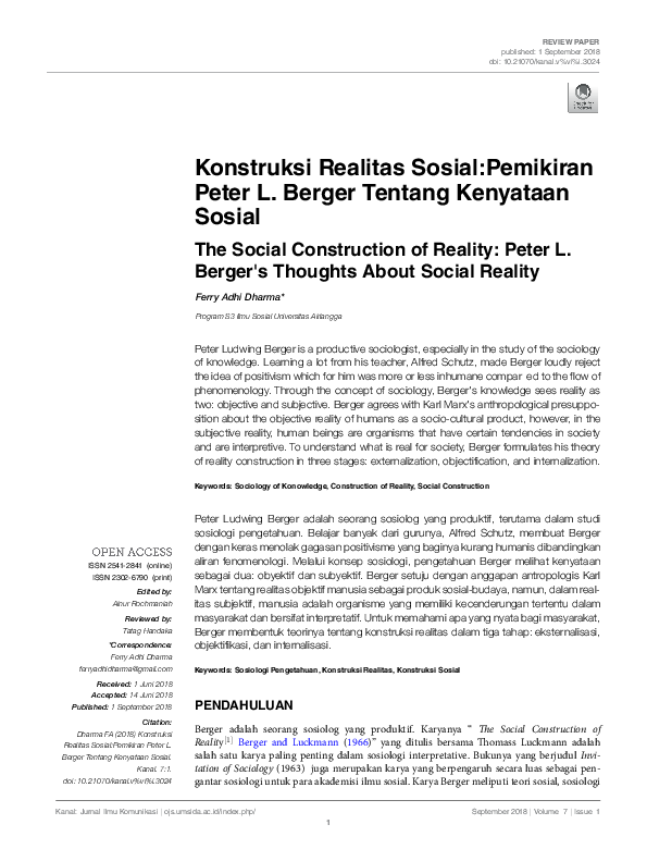 (PDF) The Social Construction of Reality: Peter L. Berger's Thoughts ...