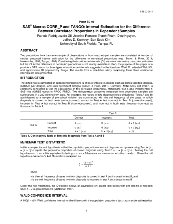 (PDF) SAS ® Macros CORR_P and TANGO: Interval Estimation for the Difference Between Correlated ...