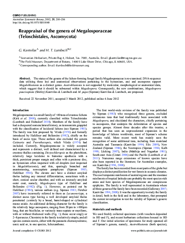 (PDF) Reappraisal of the genera of Megalosporaceae (Teloschistales ...