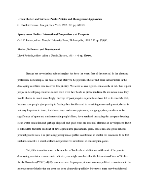 (PDF) Review of Urban Shelter and Services: Public Policies and ...