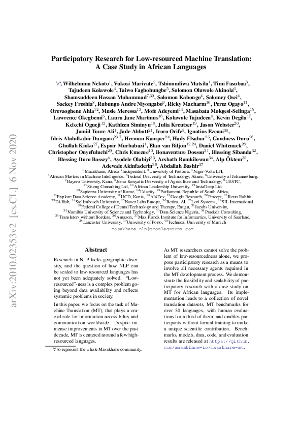 (PDF) Participatory Research for Low-resourced Machine Translation: A Case Study in African ...